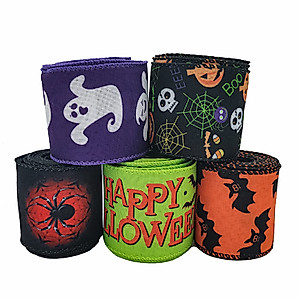 WOOPSOO 5Rolls Halloween Wired Edge Ribbon Spider Web Bat Ribbon Ghost Ribbon Halloween Wired Polyester Ribbon 2.5 Inch x 32 Yards, Present Wrapping Crafts,Autumn Wreath Home Decoration
