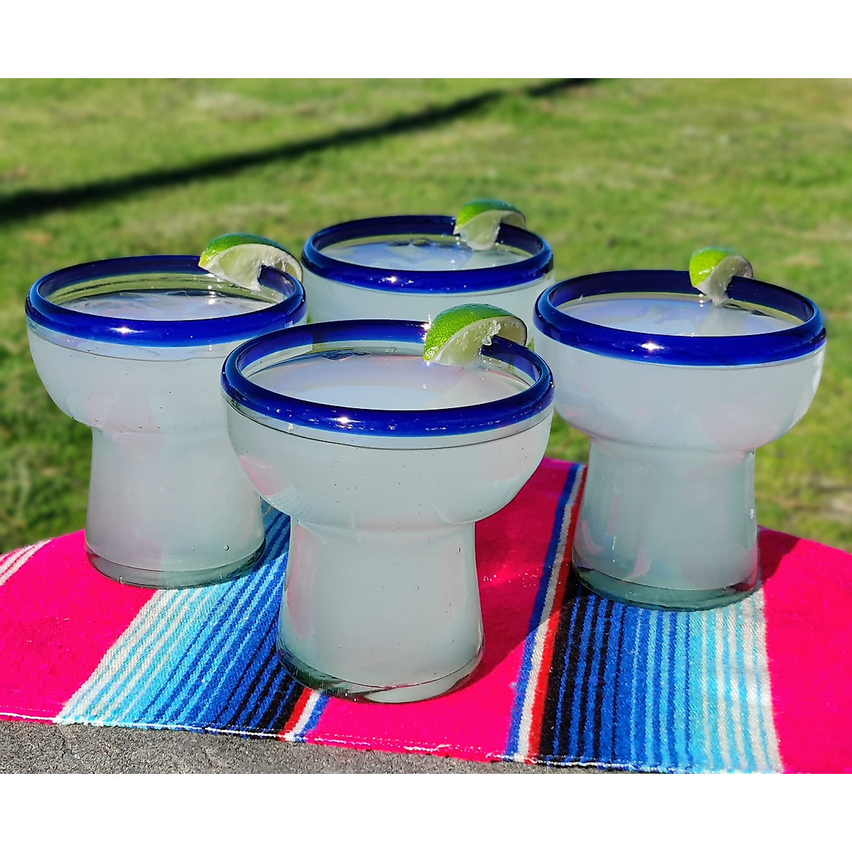 Dos Sueños Mexican Hand Blown Glass – Set of 4 Hand Blown Stemless Blue Rim Margarita Glasses (14oz)