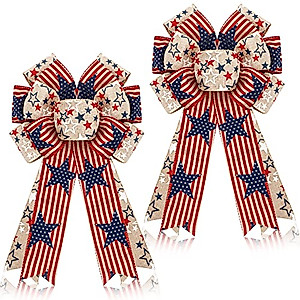 2 Pcs Patriotic Bow Wreath 4th of July Memorial Day Red White Blue Star Burlap American Flag Bow Memorial Day Bow for Indoor Outdoor Tree Topper Independence Day Party Decoration (Classic Style)