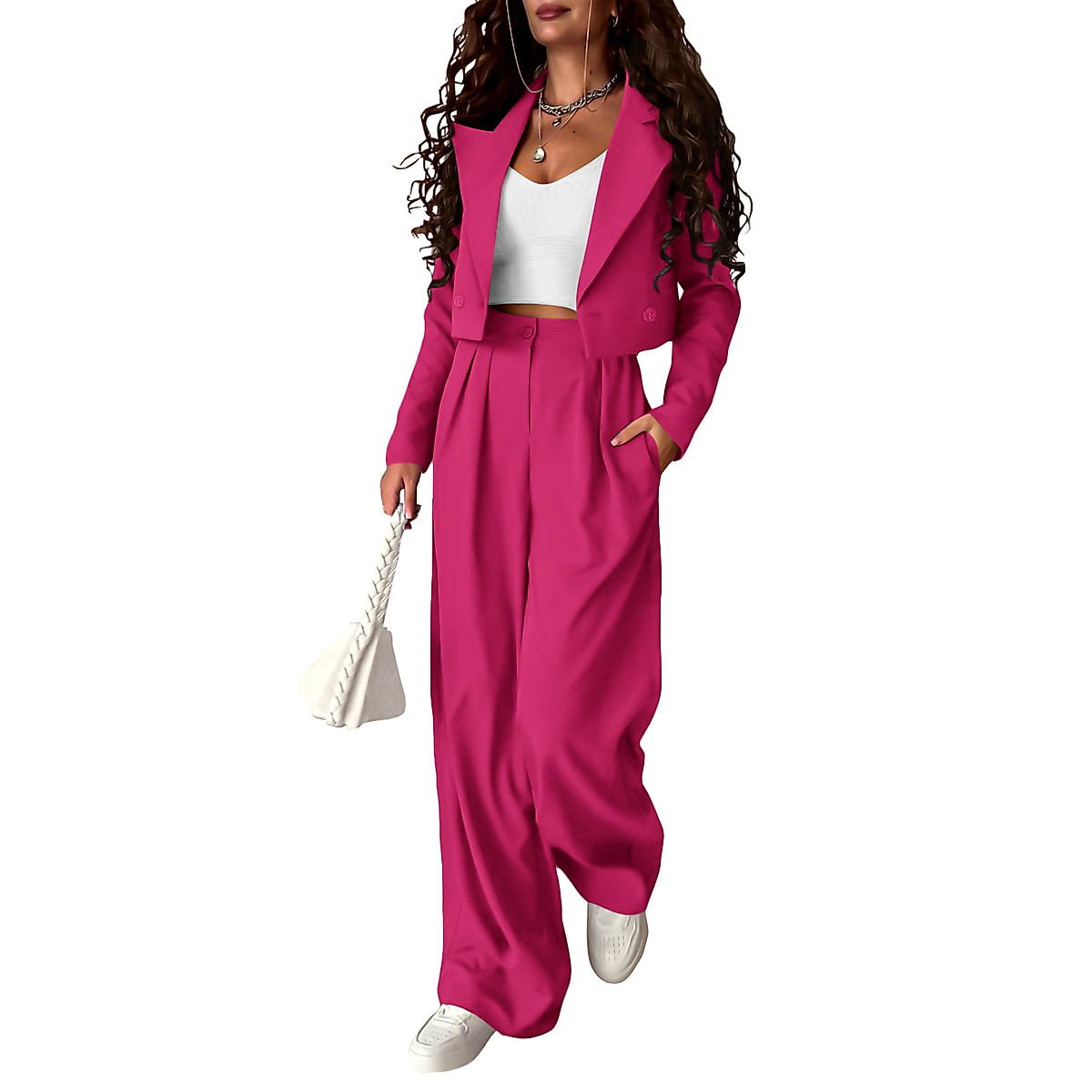 PRETTYGARDEN Women's 2 Piece Casual Outfits Cropped Blazer Jackets High Waisted Wide Leg Work Pants Suit Set (Rose Red,Large)