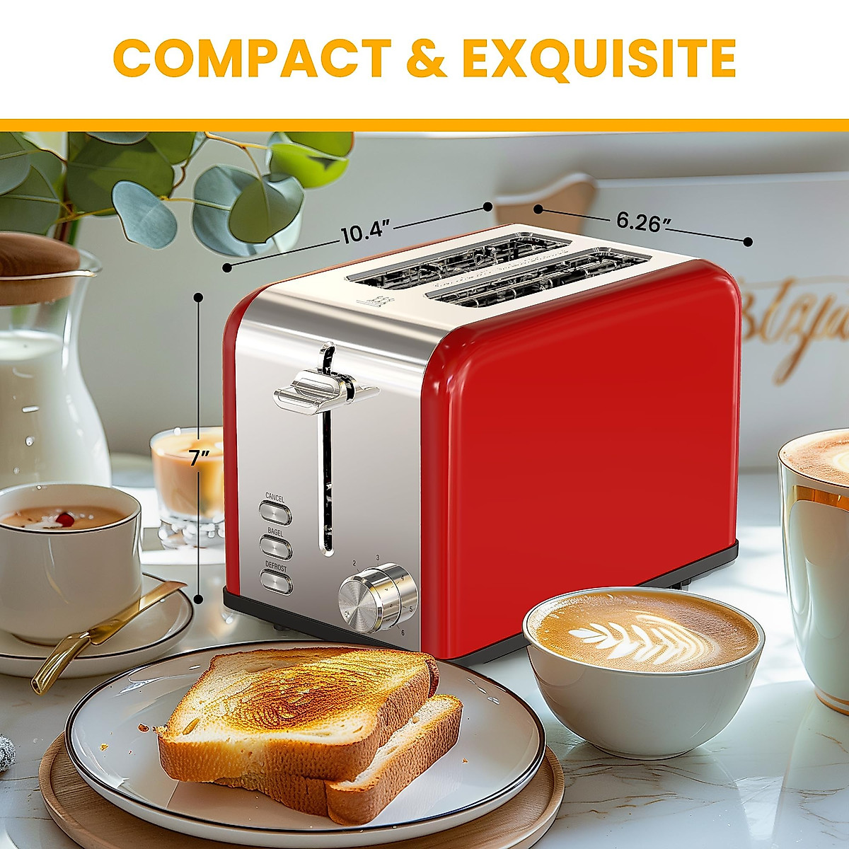 Simple Deluxe 2-Slice Toaster, Stainless Steel Toaster, 6 Browning Setting and 3 Function, Extra Wide Slot & Removable Crumb Tray, for Bread & Waffle, Red