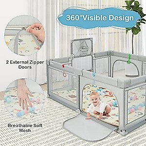 INFANS Baby Playpen, 74” x 62” Extra Large Baby Play Yard with Crawling Mat, 50 Ocean Balls, 4 Pill Up Rings, Basketball Hoop and 2 Football Gates for Toddlers, Indoor Activity Center (Light Gray)