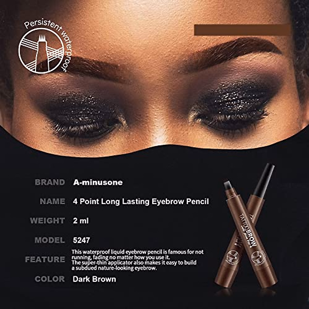 4 Point Eyebrow Pencil Dark Brown Waterproof Tint Makeup Pen Creates Natural Looking Brows and Stays on 24H