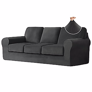 HDCAXKJ Couch Cover 7 Piece Velvet Stretch Dog Sofa Covers for 3 Cushion Couch Soft Magic Fitted Anti Slip T Cushion Sofa Slipcovers 3 Seat Living Room Pet Furniture Protector (Dark Gray, Large)