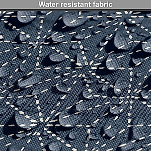 Lunarable Japanese Fabric by The Yard, Oriental Motifs with Dotted Lines Geometric Shapes on Blue Shade Backdrop, Decorative Fabric for Upholstery and Home Accents, Indigo and White