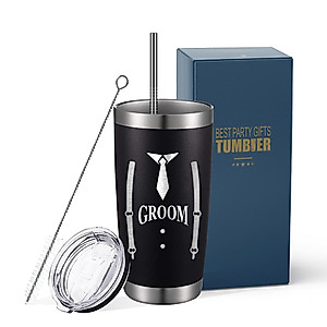 LADY&HOME Groomsmen Gifts Set of 7,Groom and Groomsmen Tumbler with Lid and Straw,20z Stainless Steel Tumbler Cup Vacuum Insulated Coffee Mug for Groomsmen Proposal (Team groom)
