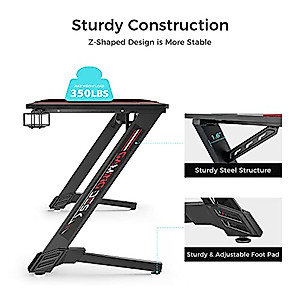 Eureka Ergonomic Gaming Desk 60 inch, Z-Shaped Carbon Fiber Surface Desktop Home Office PC Computer Desk with Mouse Pad, Ergonomic Large Gamer Table with Cup Holder and Headphone Hook for Gaming Room