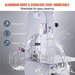 Commercial Electric Meat Bandsaw, 1100W Stainless Steel Countertop Bone Sawing Machine, Workbeach 19.3" x 15", 0.16-7.9 Inch Cutting Thickness, Frozen Meat Cutter with 6 Blades for Rib Pork Beef