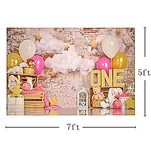 MEHOFOND 7x5ft Pink Gold Balloon Girl First Birthday Party Backdrops Sweet One Retro Brick Wall Cloud Gold Stars Photography Background Portrait Photo Studio Decoration Banner Props for Cake Smash
