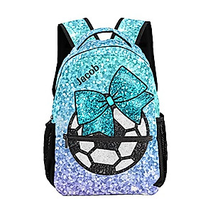 NZOOHY Blue Glitter Soccer Bow Personalized Kids School Backpack Custom for Boys Girls Primary Daypack School Bookbag Travel Bag