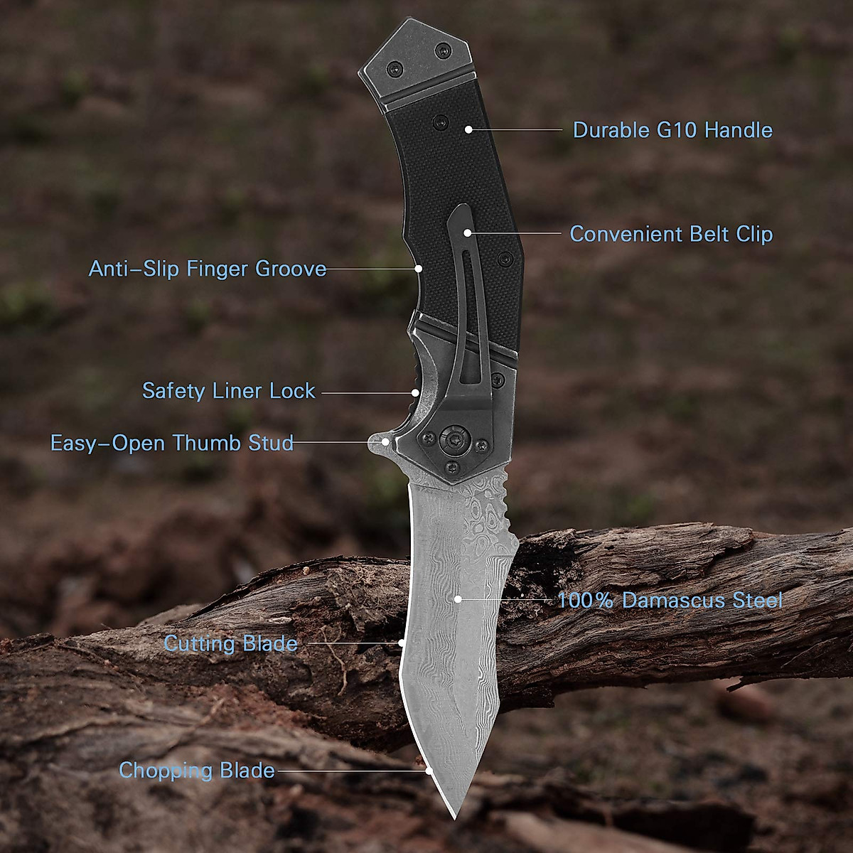 GVDV Damascus Steel Pocket Knife with G10 Handle, Handmade Folding Knife with Leather Sheath for Camping Survival, Knives for Men Dad Husband (Black)