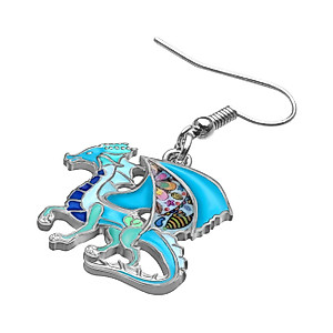 Enamel Alloy Dinosaur Fantasy Dragon Earrings Drop Dangle Unique Animal Jewelry for Women Dragons Gifts (Blue)