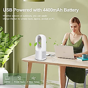 CONBOLA Desk Fan, 11.8 Inch Quiet Bladeless Fan USB Desktop Rechargeable Fan, Small Portable Table Fan with 3 Cooling Speeds, Touch Control Personal Fan for Bedroom, Office, Home, Outdoor (White)