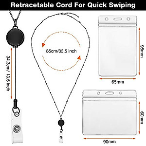 Outus 2 Pieces Badge Lanyard with ID Holders Stainless Steel Badge Necklace Retractable Reel Clip Chain Water Resistant Name Badge Holders for Girl Women (Black, Silver)