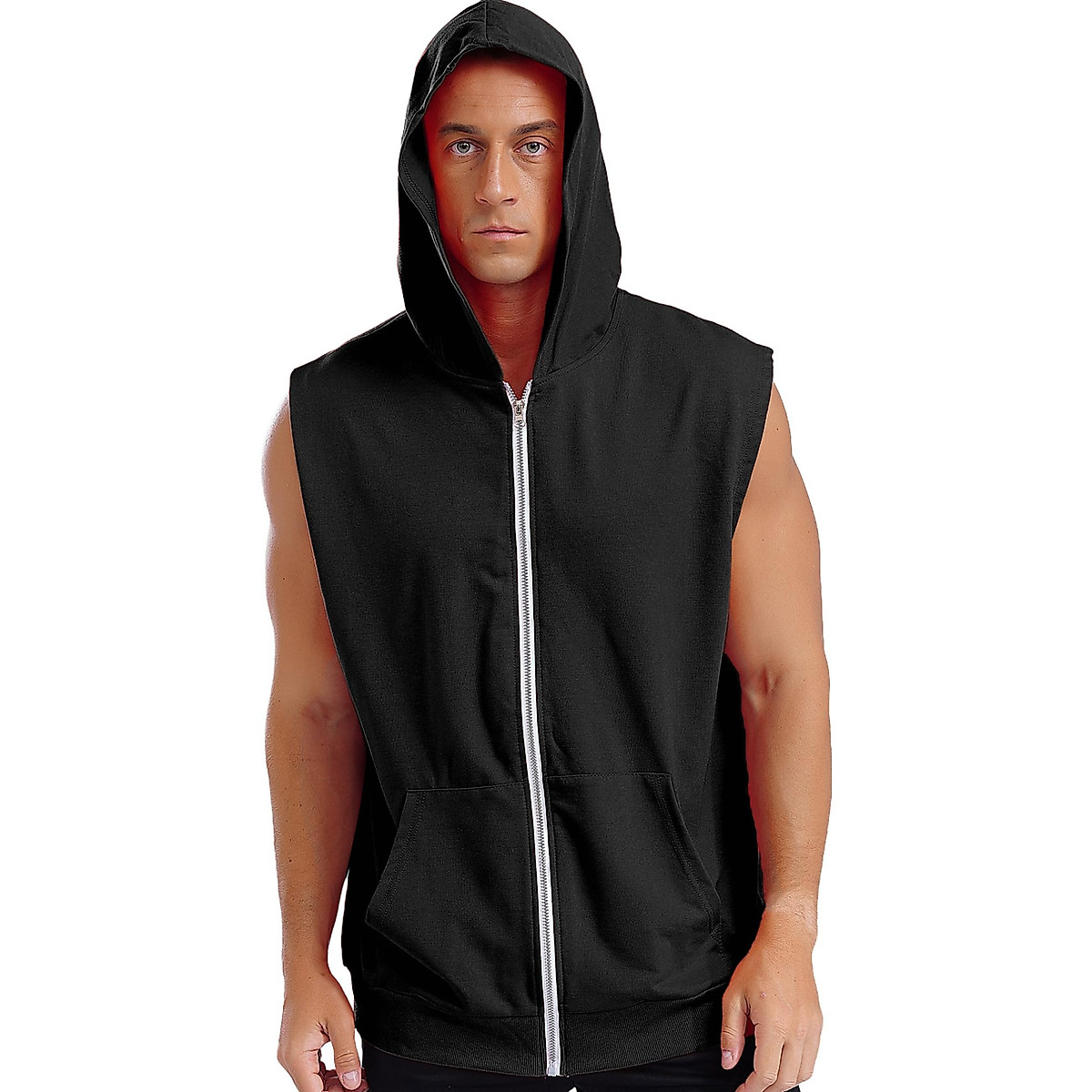 TiaoBug Men's Sleeveless Workout Hoodies Tank Tops Zip-up Hooded Vest Jacket with Kangaroo Pocket Muscle Tees Shirt Black Medium