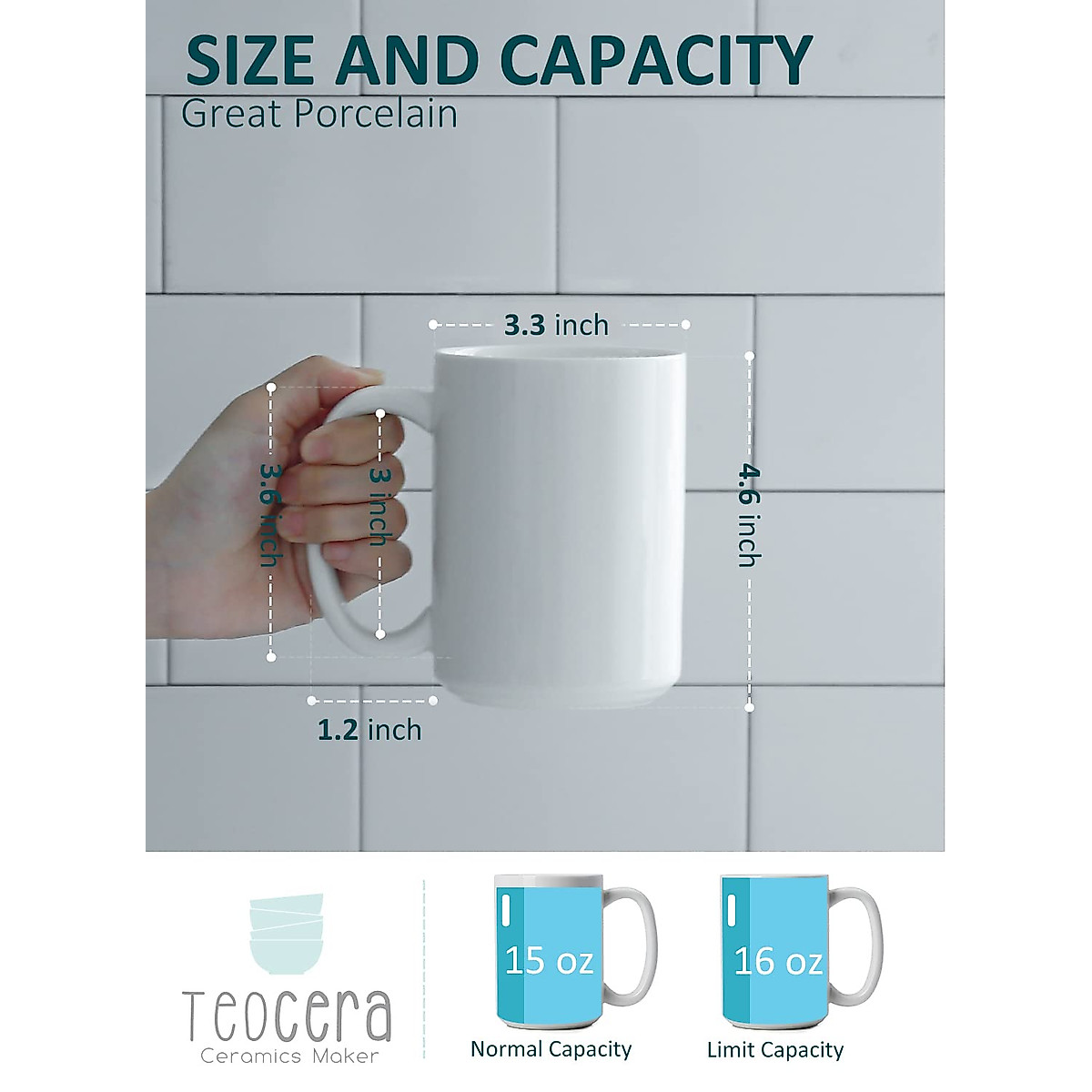 Porcelain White Coffee Mugs Set of 4-15 Ounce Cups with Large Handle for Hot or Cold Drinks like Cocoa, Milk, Tea or Water - Smooth Ceramic with Classic Design