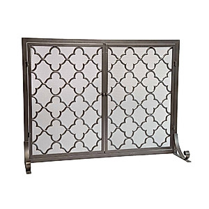 Plow & Hearth Metal Fireplace Screen Geometric Bronze | 44" W x 33" H | 2 - Door | Spark Guard Indoor Grate | Iron Fire Place Cover | Wood Burning Stove Decorative Accessories