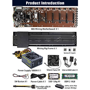 Foyozisun Mining Rig Complete System, Stackable for Ethereum Classic, ETC, Flux, Ergo, Neoxa, Ravencon Crypto Miner with 8 GPU Mining Motherboard and 1800W Power Supply 8G RAM (Without GPU)