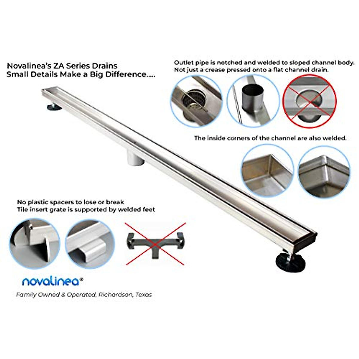Novalinea - 54 Inch Linear Shower Drain with Tile Insert Grate, Includes Hair Strainer and Leveling Feet, 2 Inch Center Outlet, 304 Stainless Steel