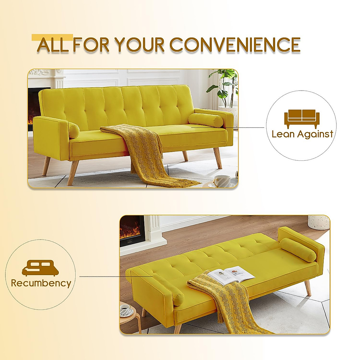 Anwickmak Yellow Velvet Couch, Small Sleeper Sofa Love Seat Includes 2 Pillows, 58" Tufted Loveseat Sofa, 4 Golden Metal Legs, Mid Century Modern Sofas for Living Room and Bedroom (Yellow)