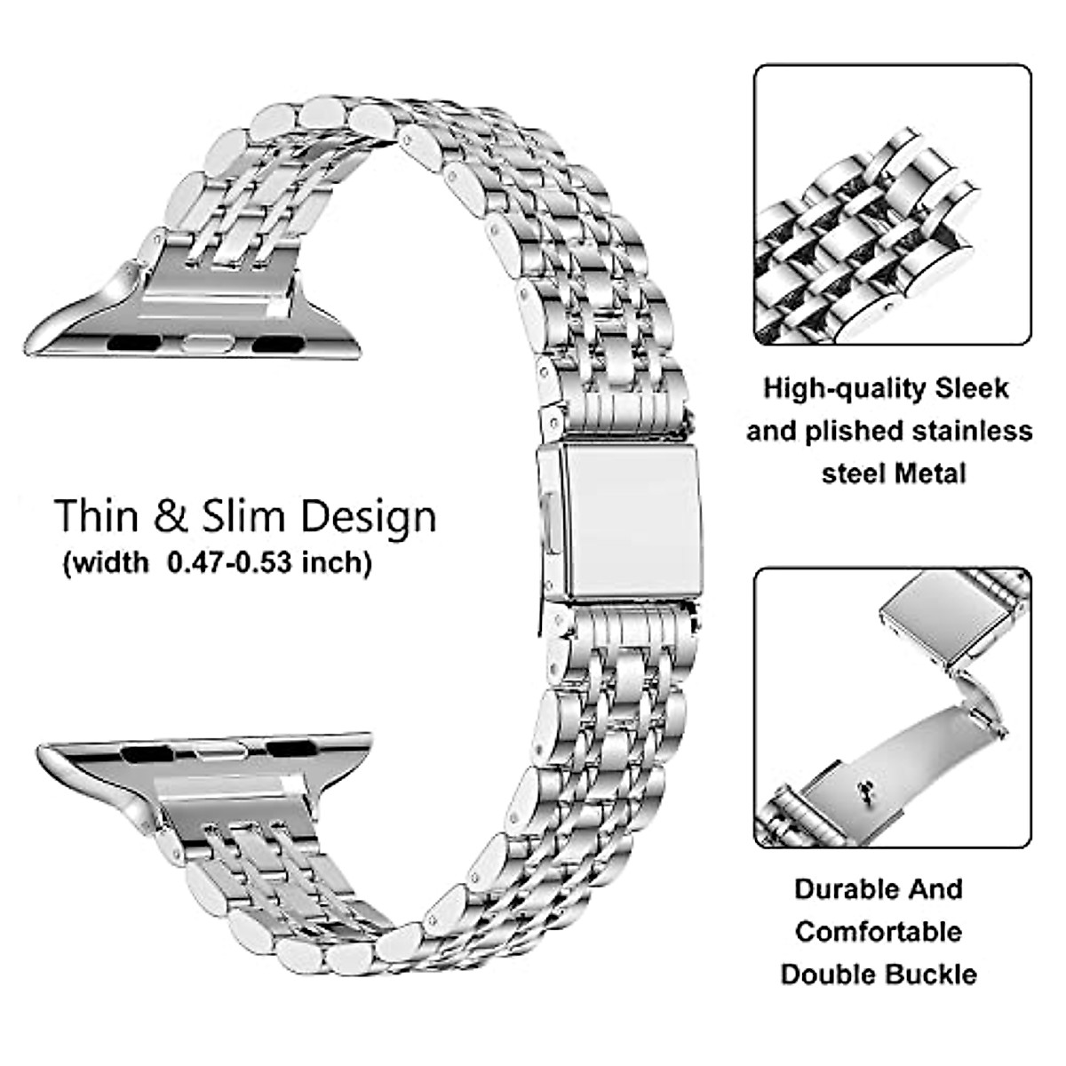 MioHHR Slim Metal Band Compatible with Apple Watch Band 41mm 40mm 38,mm,Dressy Stainless Steel Chain Strap for Women iWatch Bands Series 9 8 7 6 5 4 3 2 1 SE,Silver