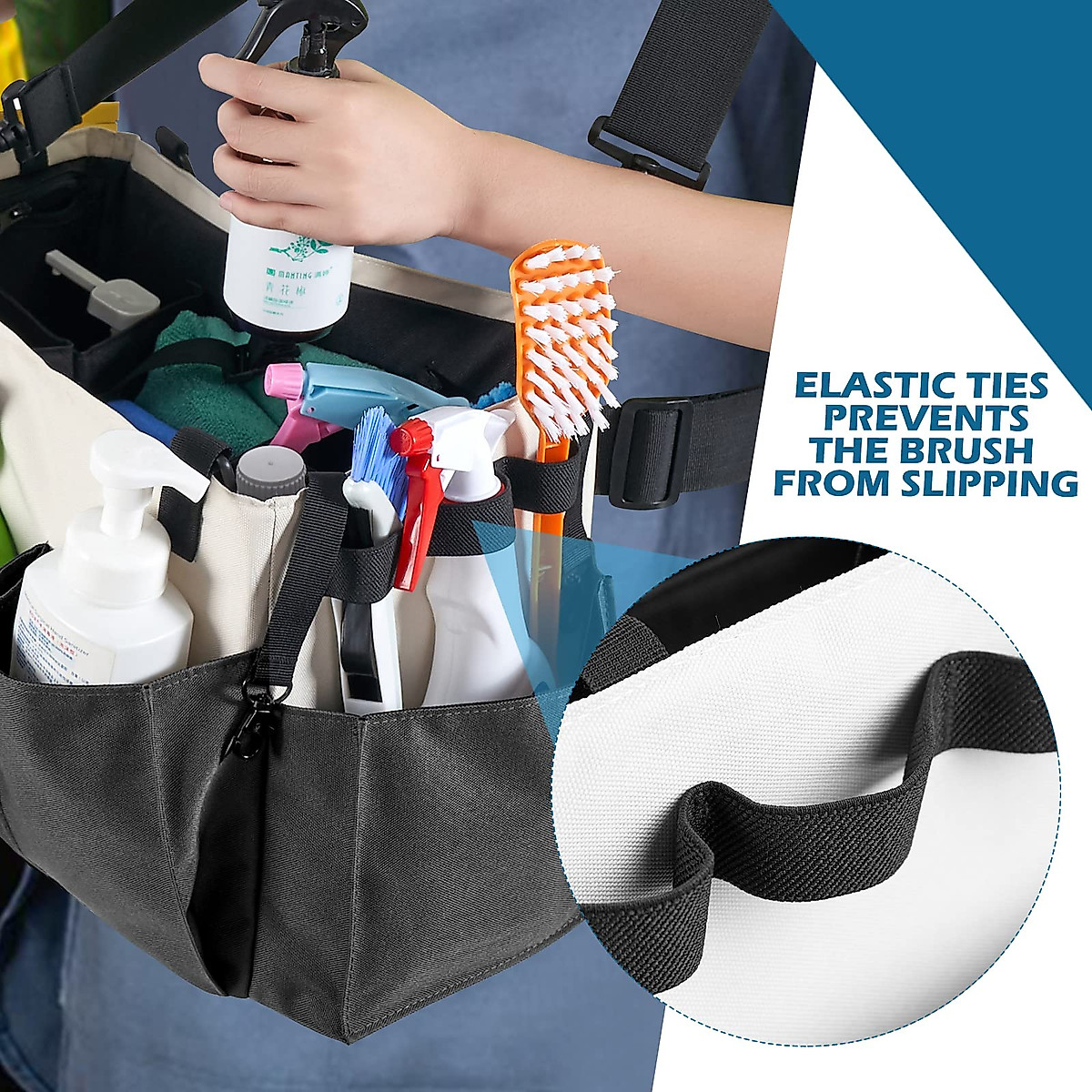 GudoInsole Large Wearable Cleaning Caddy Bag, Cleaning Supplies Organizer with 2 Foldable Dividers 2 Detachable Dividers Handle Shoulder and Waist Straps for Cleaners Housekeepers