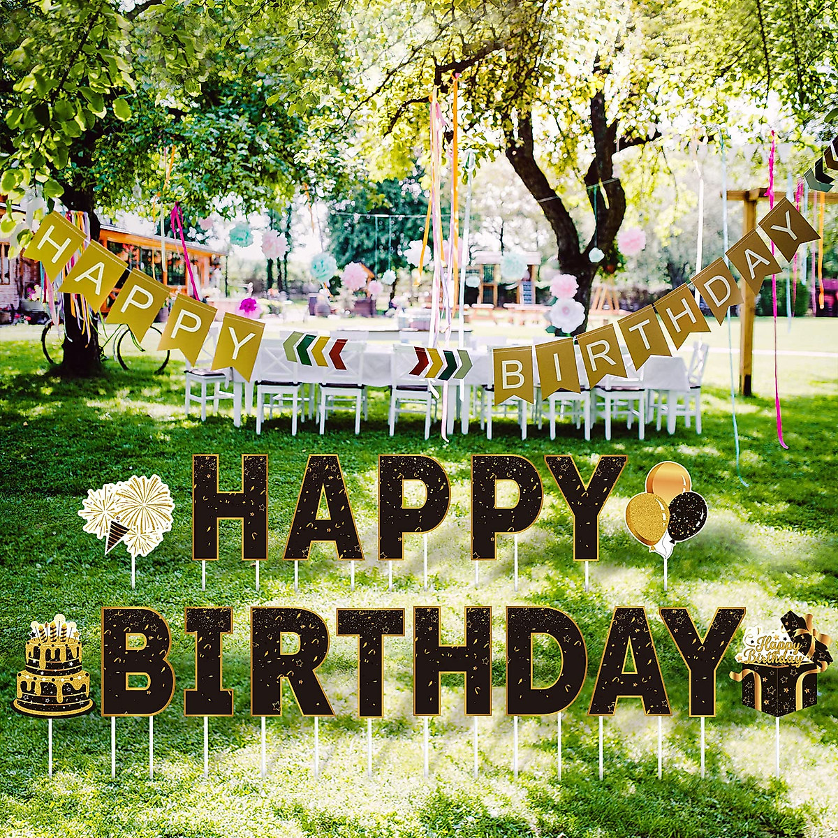 17 Pieces 16'' Happy Birthday Yard Signs with Stakes Birthday lawn sign with String Light Outdoor Decorations Yard Supplies for Home Garden Party, Black and Gold