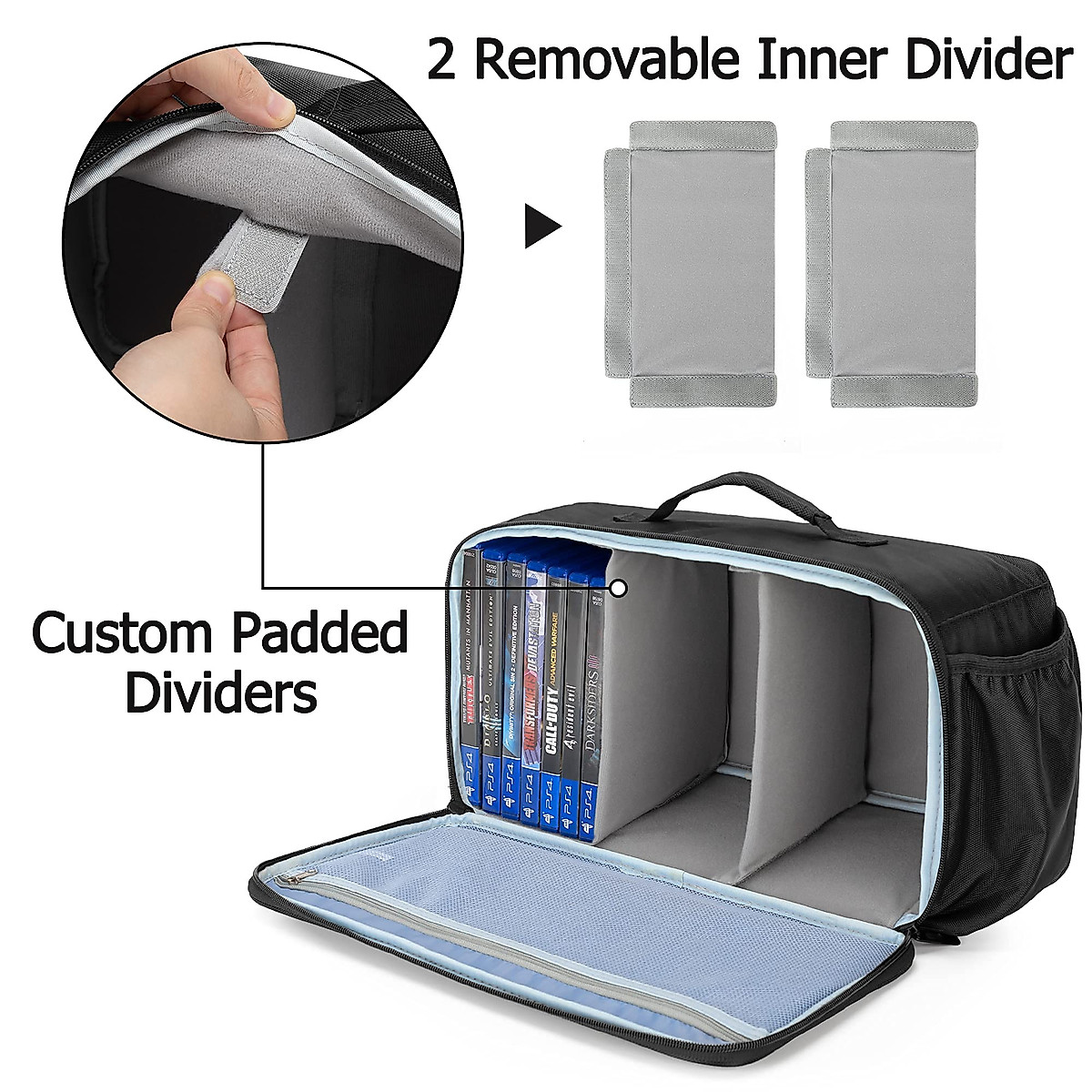 CURMIO Game Disc Storage Bag Holds Up to 24 Discs, Game Disk Travel Case Compatible for PS5/PS4/PS4 Pro/PS3/Xbox One/Xbox 360//Xbox Series X/S, Blue Stripe(Bag Only)