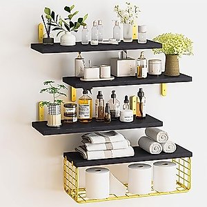 Fixwal 4+1 Tier Floating Shelves Rustic Wood Wall Mounted Shelf, Bathroom Shelves Over Toilet with Wire Storage Basket, Farmhouse Wall Decor for Bedroom, Kitchen, Living Room and Plants (Black Gold)