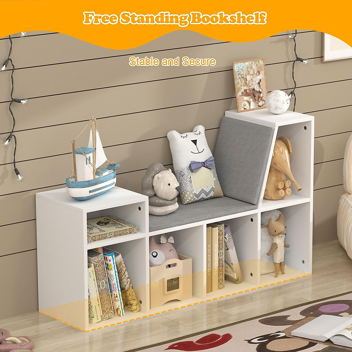 HedoajimKids Bookshelf with Reading Nook,Bookcase with 6 Cubby and Seat Cushion,Toddler Reading Bench and Toy Storage Organizer for Kids Room, Playroom, Classroom, Nursery,Bedroom