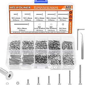 HELIFOUNER 420 Pieces M2 x 6mm /8mm /10mm /12mm /16mm /20mm, 304 Stainless Steel M2 Countersunk Socket Cap Screws Nuts Washers Kit