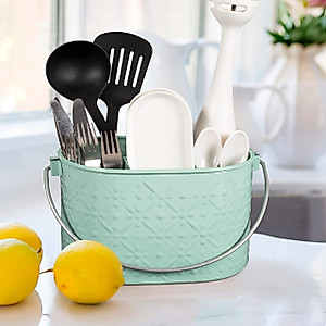 CLEENTABLE Farmhouse Chic Utensil Caddy, Green, Galvanized Steel, 10 x 6.5 x 5.5 inches, 4 Compartments, 2 lbs Capacity