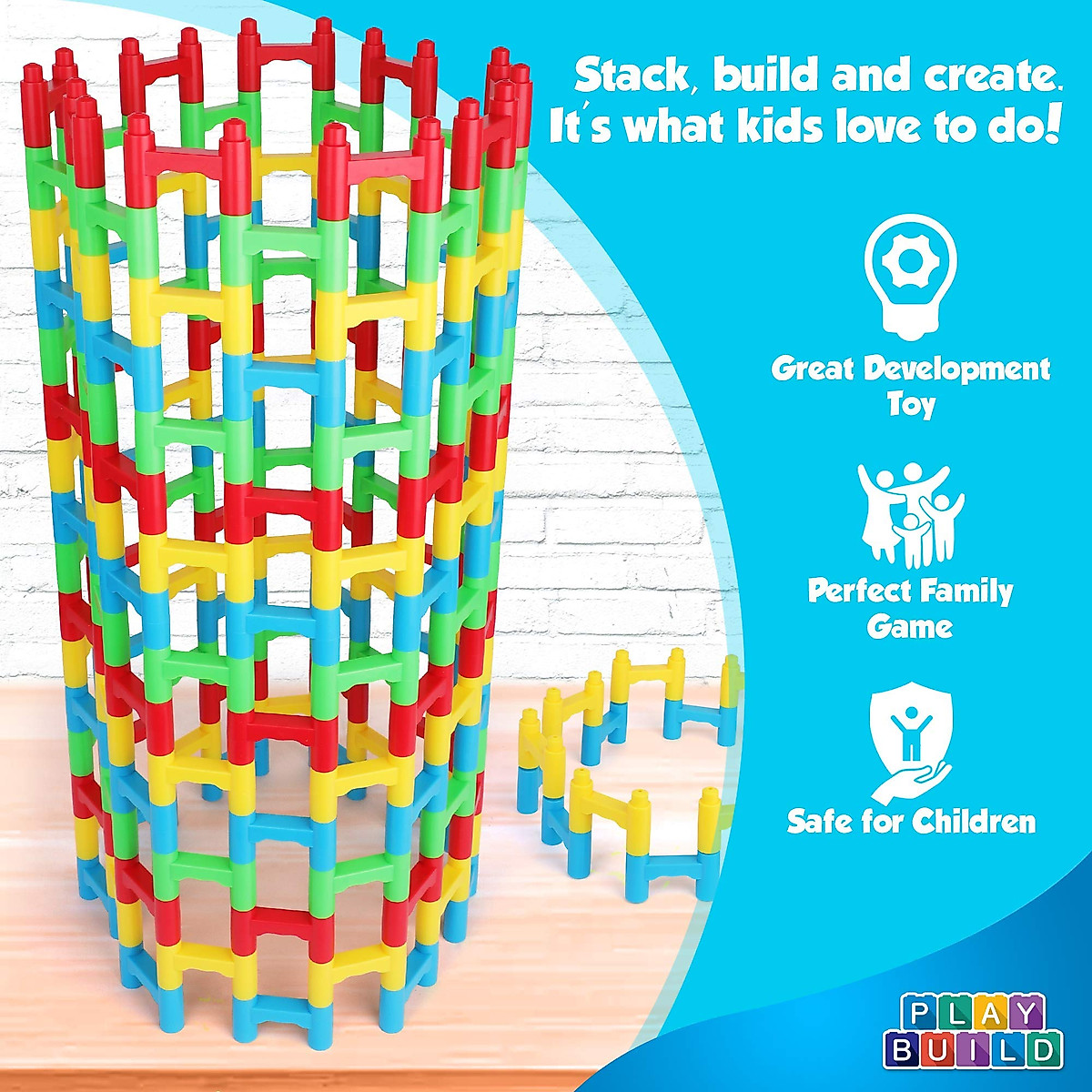 PlayBuild Pilo Building Blocks - H Blocks Bridge Constructor Stacking Toy - Fun Educational Construction Toys - Pillar Arch Aqueducts Build with Easy Plastic Storage Container
