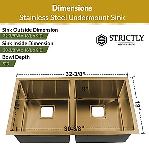 Strictly Sinks 32 Inch Undermount Kitchen Sink - 16 Guage 50/50 Double Bowl Kitchen Sink - Stain & Rust Resistant Gold Kitchen Sink with Bottom Grid, 1 Disposal Adapter & 2 Strainer Drains