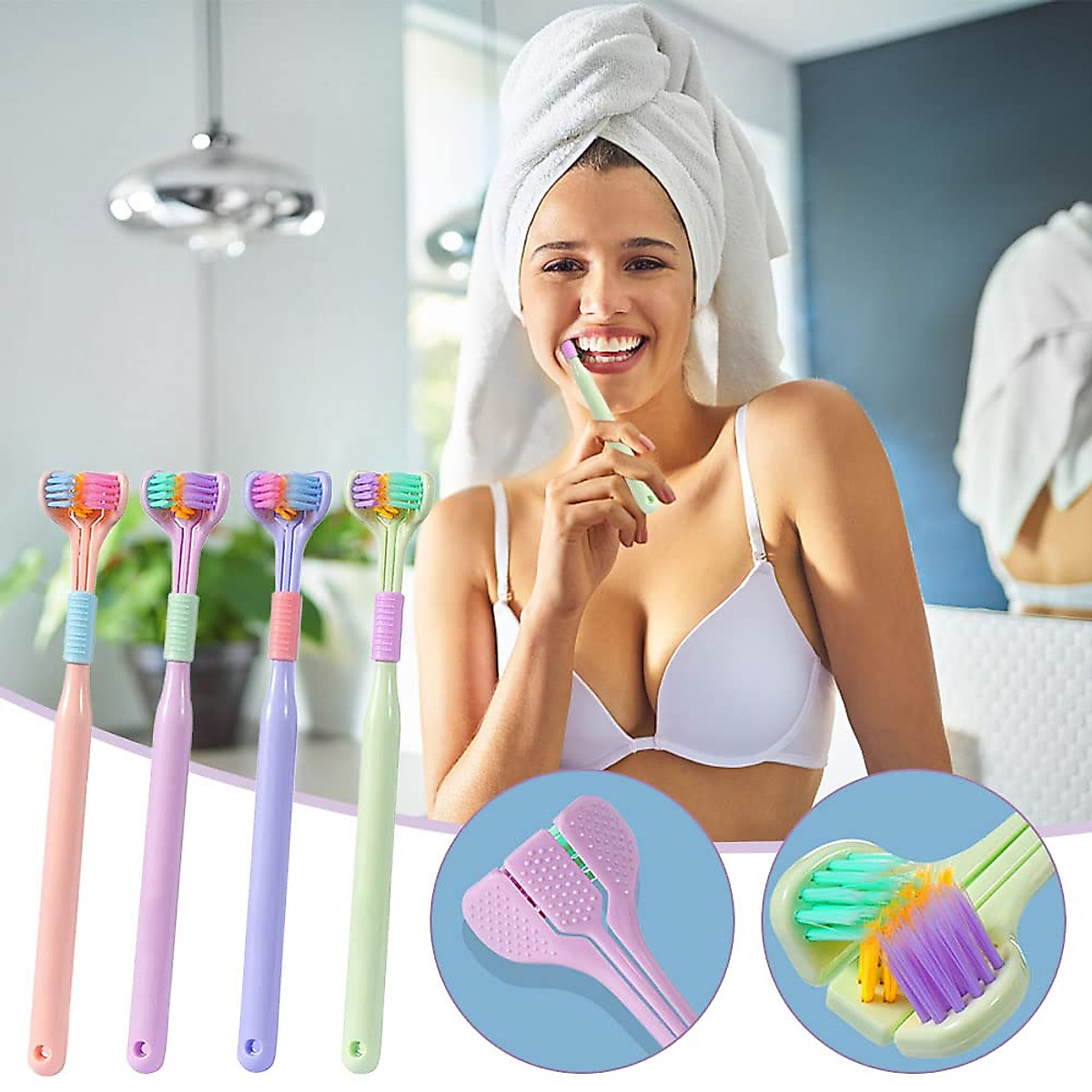 YQkoop 3-Sided Toothbrush, Soft Bristle Toothbrush with Tongue Scraper, Travel Toothbrush for Complete Teeth and Gum Care for Adults
