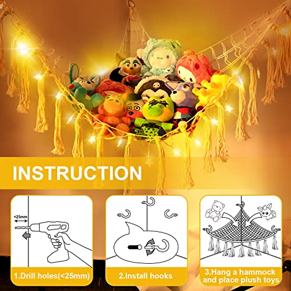 Auksay Stuffed Animal Net or Hammock with Star Light,Plush Toy Triangle Hanging Storage Net,Stuffed Animal Storage Stand with Hooks,Hanging Storage Net for Kids Room Decoration Girl Plush Toys-White