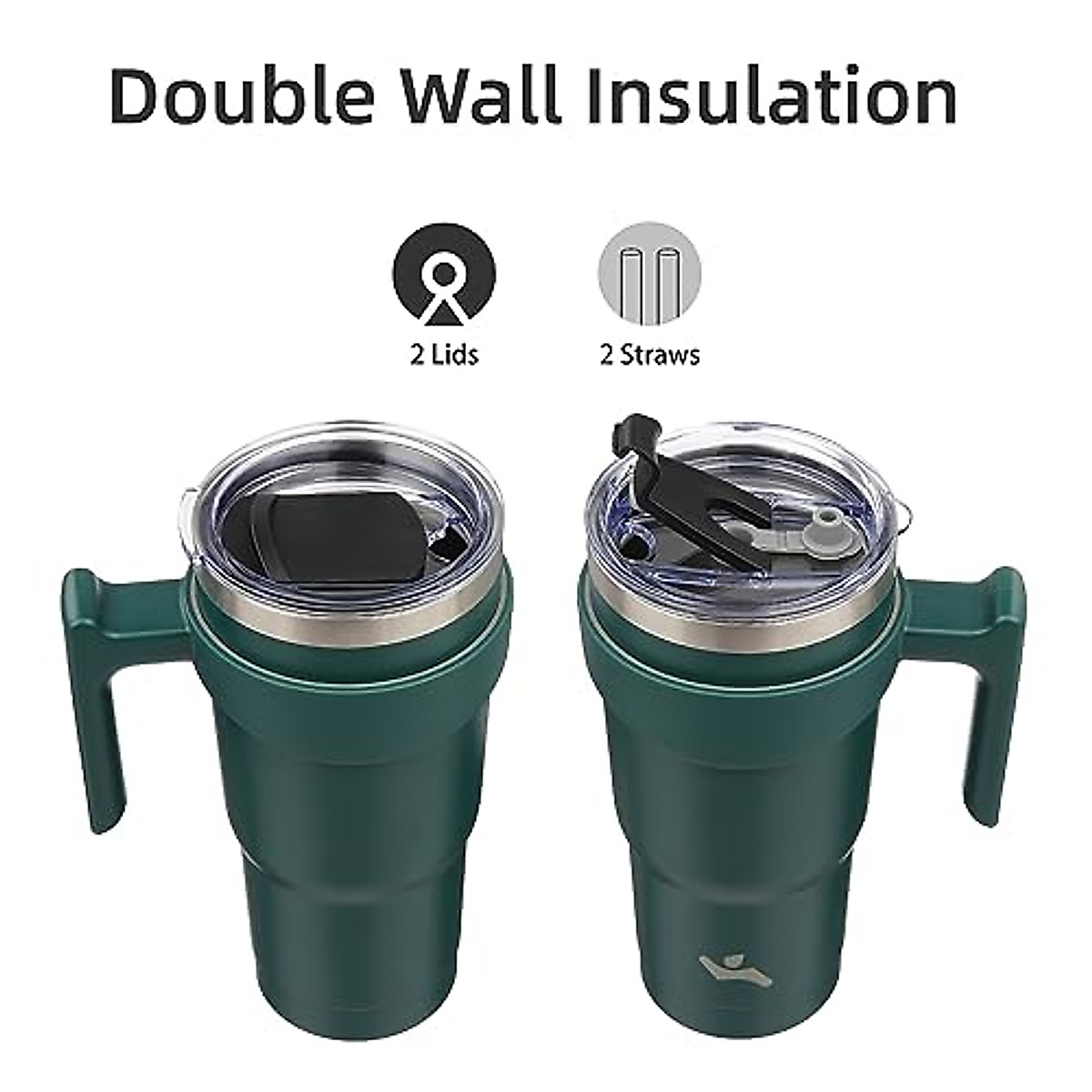 Konokyo 20 oz Tumbler with Handle and 2 Straw 2 Lid, Insulated Water Bottle Stainless Steel Vacuum Cup Reusable Travel Mug,Army Green