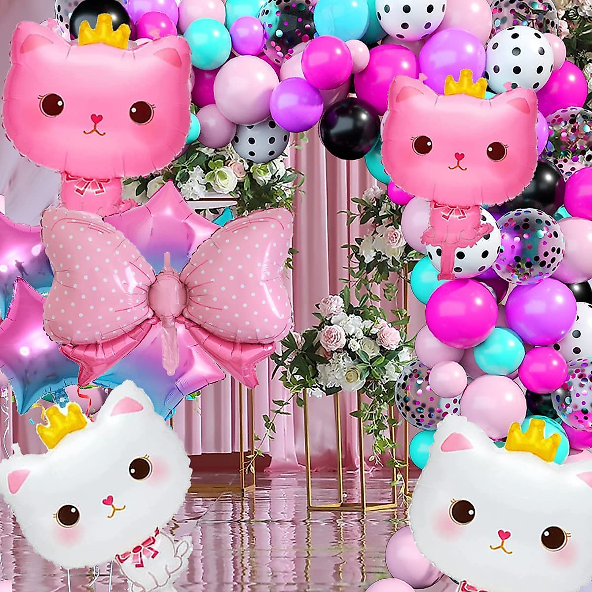 139 PCS Surprise Balloon Garland Arch White Pink Cat Bowknot Stars Heart Foil Balloons for Girls Baby Birthday Baby Shower Wedding Surprise Party Decorations