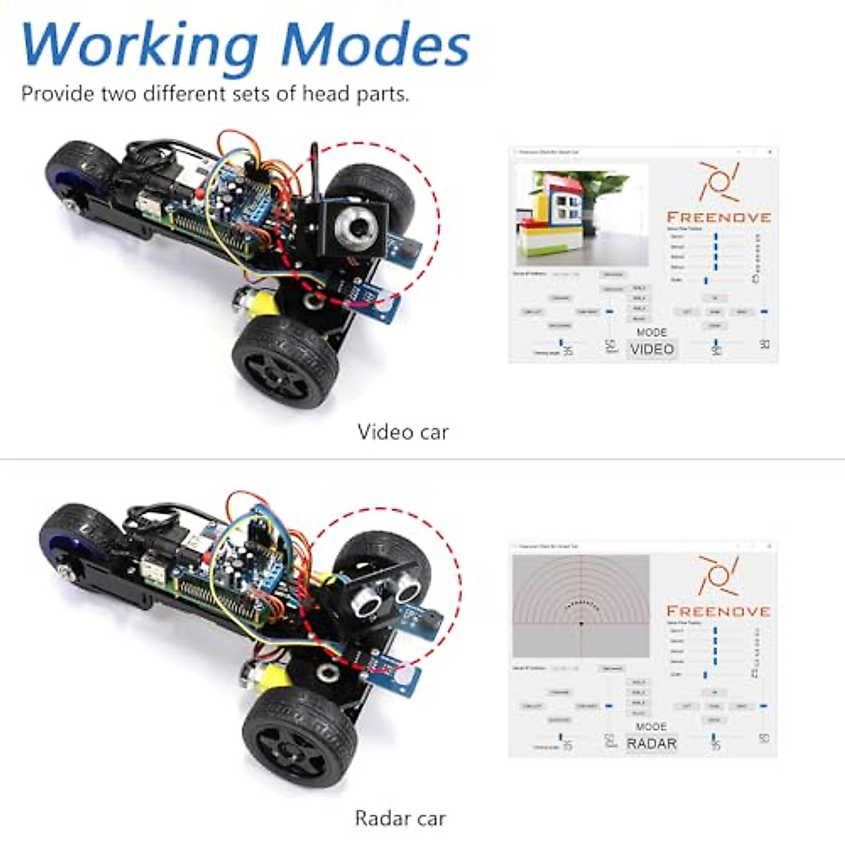 Freenove Three-Wheeled Smart Car Kit for Raspberry Pi 5 4 B 3 B+ B A+, Video Mode, Radar Mode, App Control, Ultrasonic Distance Sensor, Camera, Servo (Raspberry Pi NOT Included)