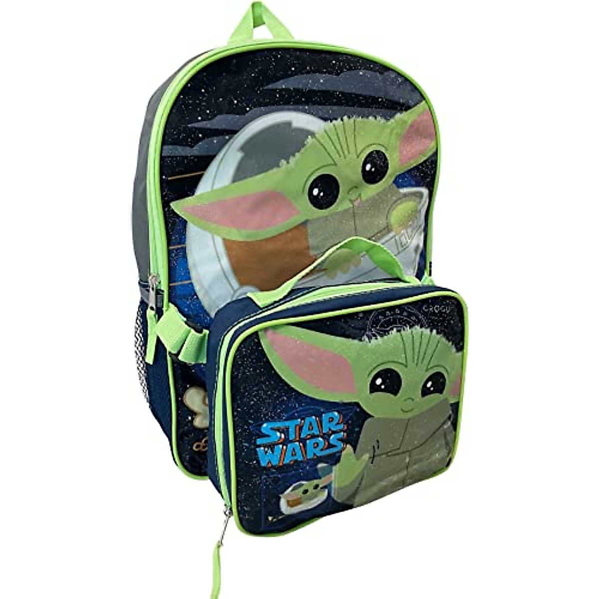 Fast Forward Star Wars The Mandalorian Baby Yoda 15 Inch Kids Backpack With Removable Lunch Box (Grey-Navy-Green)