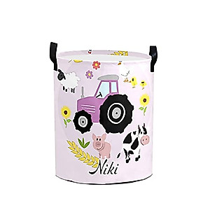 Cute Pink Farm Animals Tractor Laundry Basket Personalized with Name Laundry Hamper with Handle Organizer Storage Bin Bedroom Decor for Boys Girls Adults