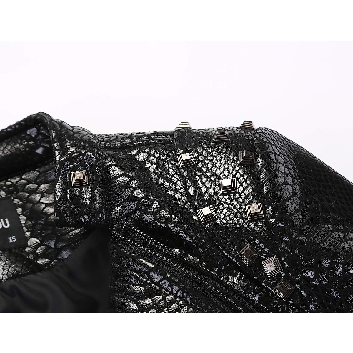 chouyatou Women's Fashion Snake Pattern Print Studded Moto Pu Leather Biker Jacket (X-Small, Black)