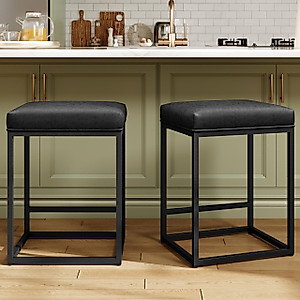 MAISON ARTS Black Counter Height 24" Bar Stools Set of 2 for Kitchen Counter Backless Modern Square Barstools Upholstered Faux Leather Stools Farmhouse Island Chairs,Support 330 LBS,(24 Inch,Black)