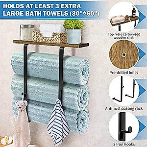 Ranslen Towel Racks Organizer for Bathroom Wall Mounted,Metal Towel Holders with Wooden Shelf and 2 Hooks,Black Storage Organizer for Large/Small Towels,Hand Towels,Washcloths,Spa,RV,Matte Black