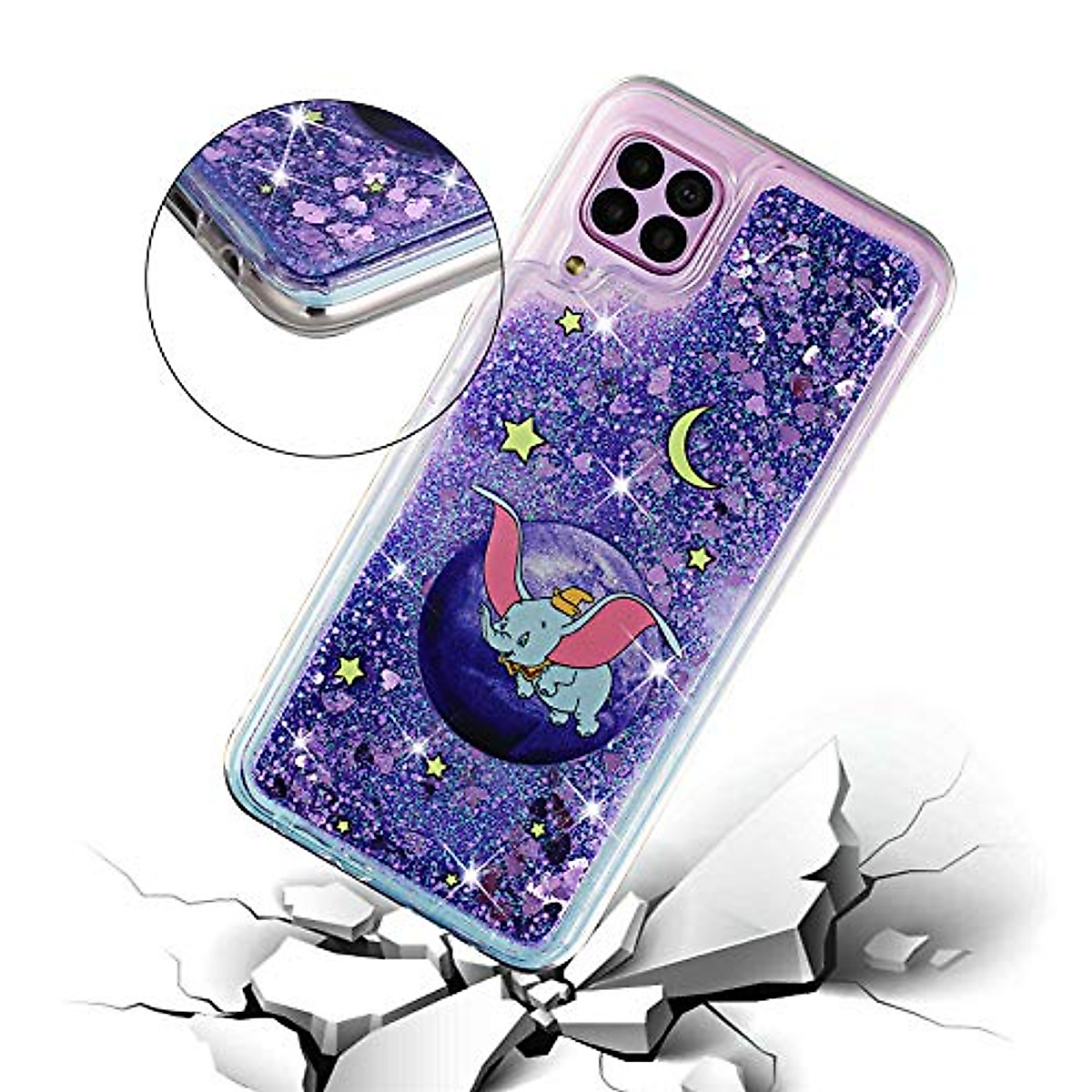 OOPKINS Glitter Liquid Case for Huawei P40 Lite for Girl Sparkle Floating Shiny Quicksand Clear Soft TPU Silicone Shockproof Protective Bumper Thin Cover for Huawei P40 Lite Dream Dumbo HIX