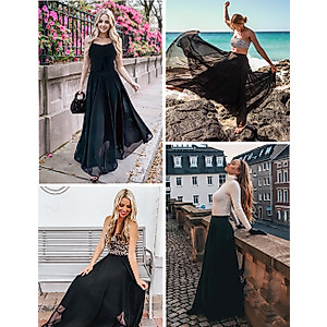 v28 Women Full/Ankle Length Flowy Elastic Retro High Waisted Long Chiffon Maxi Skirt (3XL,Black)