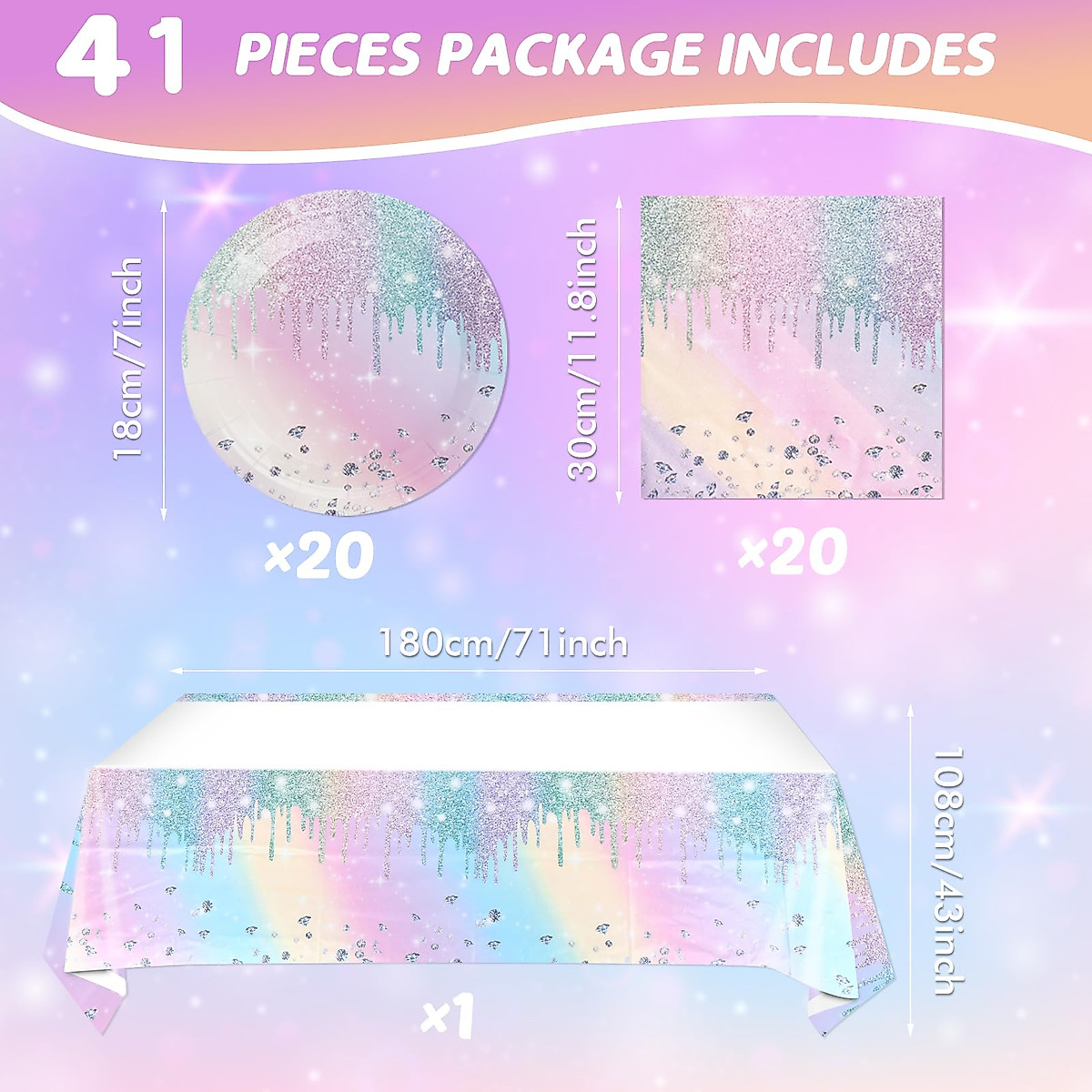 Juhap Iridescent Diamond Birthday Party Supplies Decorations, Disposable Holographic Paper Tableware Includes 20 Plates 20 Napkins and 1 Tablecloth for Girls Kids Birthday Theme Party, Serve 20