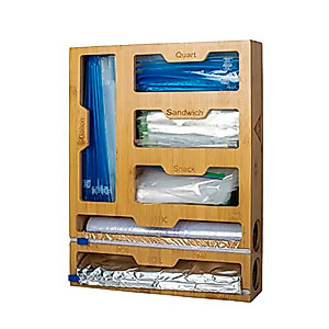 Shaw Limited Ziplock Bag Organizer - Bamboo, 6 in 1 Wrap Dispenser with Cutter, Perfect for Gallon, Quart, Sandwich & Snack Bag, Cling Film, Aluminum Foil etc; Compatible with 12" Kitchen Rolls