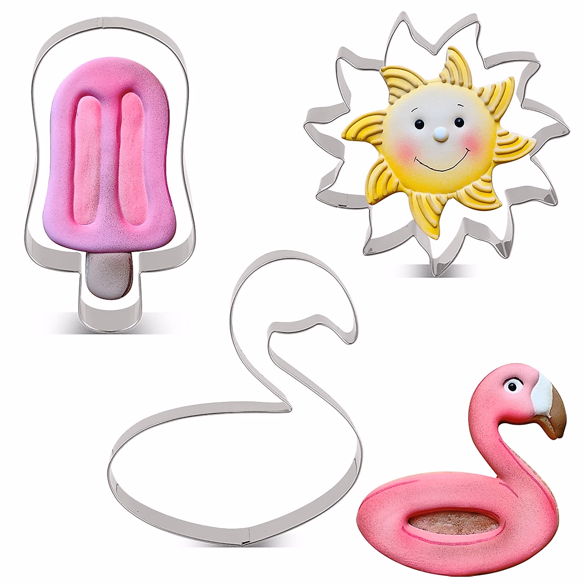 LILIAO Summer Beach Bikini Themed Cookie Cutter Set - 3 Piece - Sun, Flamingo Float and Popsicle Biscuit Fondant Cutter - Stainless Steel