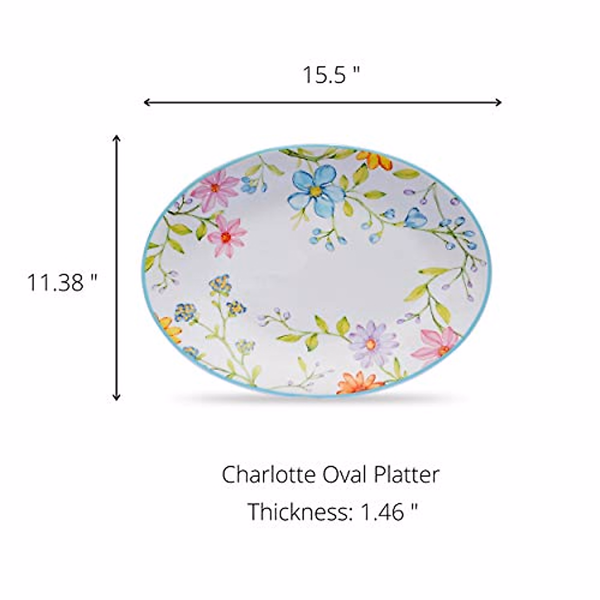 Euro Ceramica Charlotte Collection Stoneware Entertaining Serveware, 15" Oval Platter, Watercolor Floral/Garden Design, Multicolor